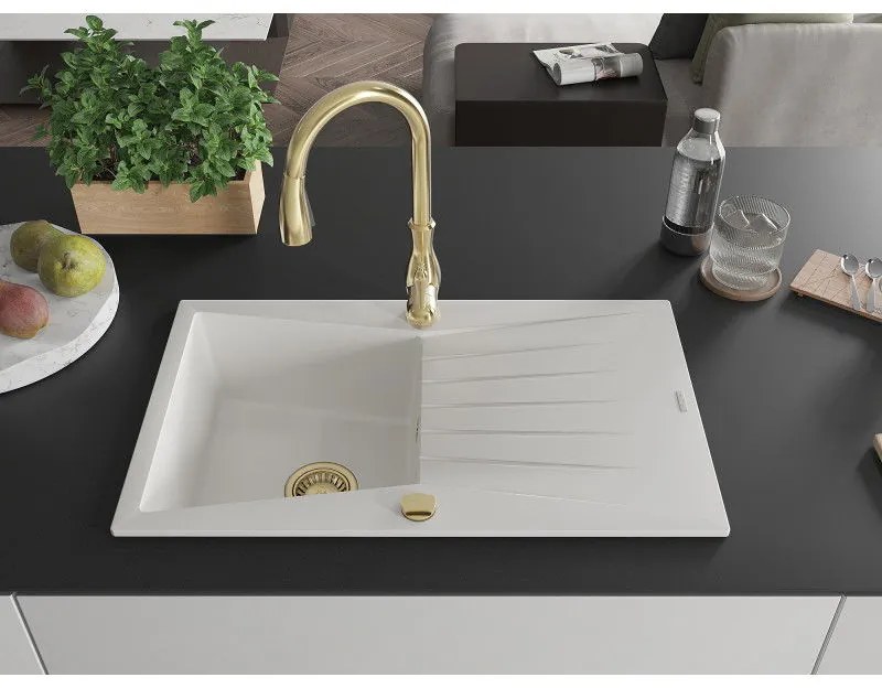 Mexen Cesar, 1-komorový granitový dřez 775x470x190 mm a dřezová baterie Savita, bílá, 6514-20-672601-50