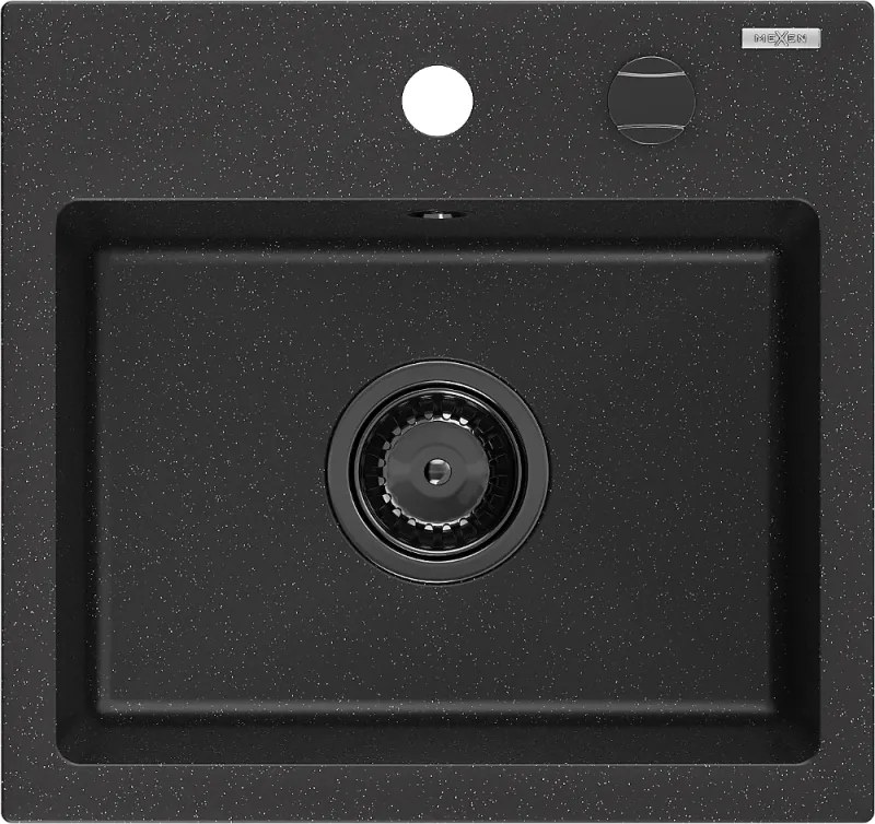Mexen Milo, granitový dřez 435x410x171 mm, 1-komorový, černá-stříbrná metalíza s černým sifonem, 6505441000-73-B