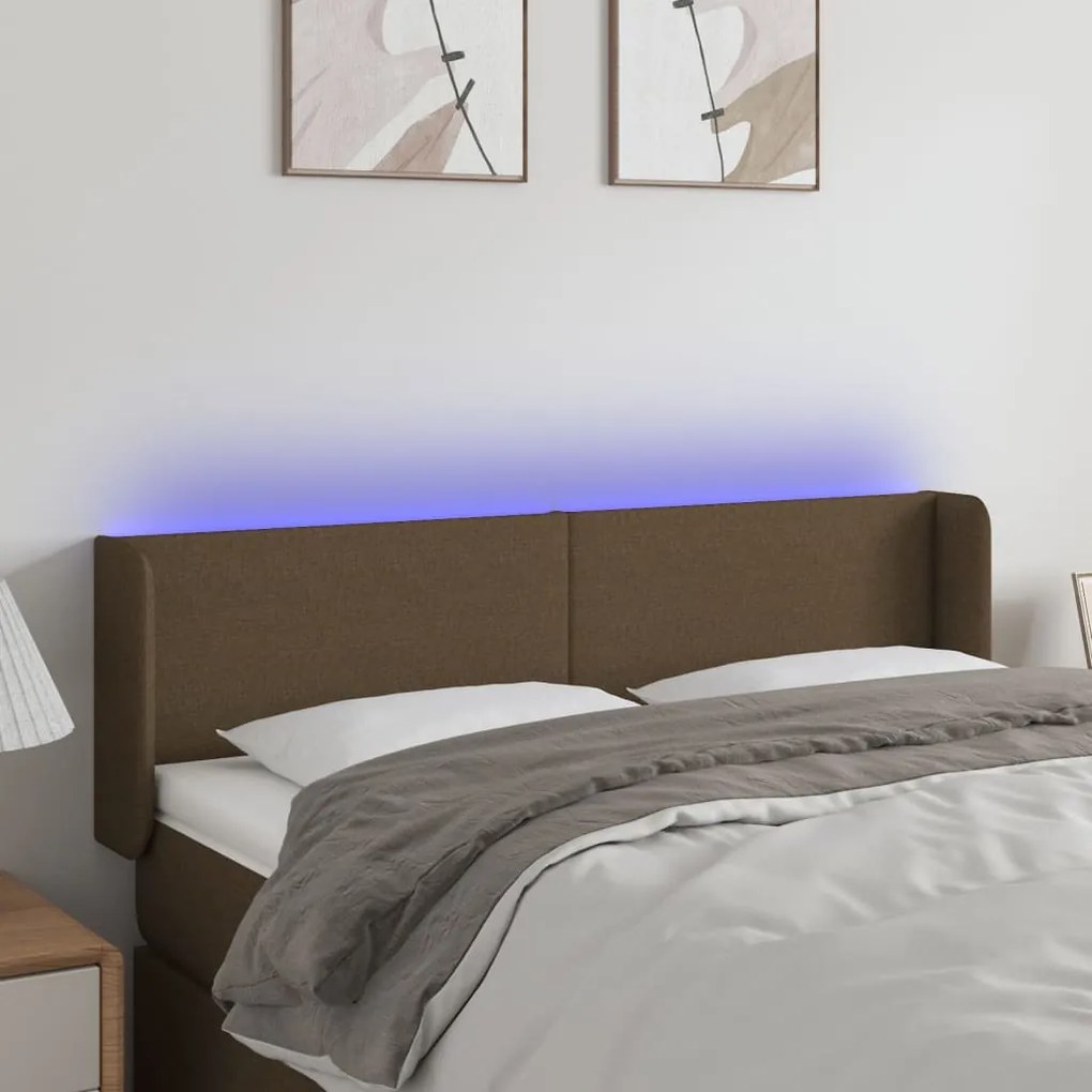 Čelo postele s LED tmavě hnědé 147 x 16 x 78/88 cm textil 3122957