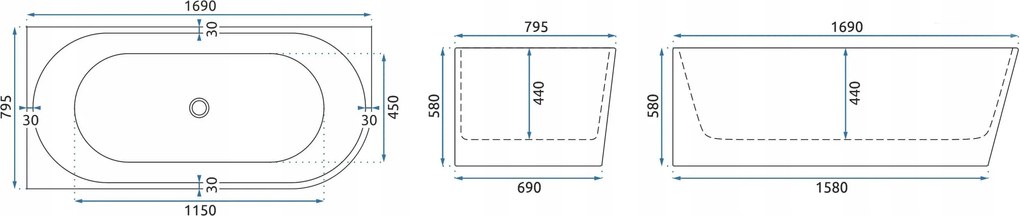 Asymetrická akrylátová vana s krycím panelem REA SYDNEY BELLANTO Levá 170x80 cm, bílý, sifon Click-Clack - zlatý kartáčovaný