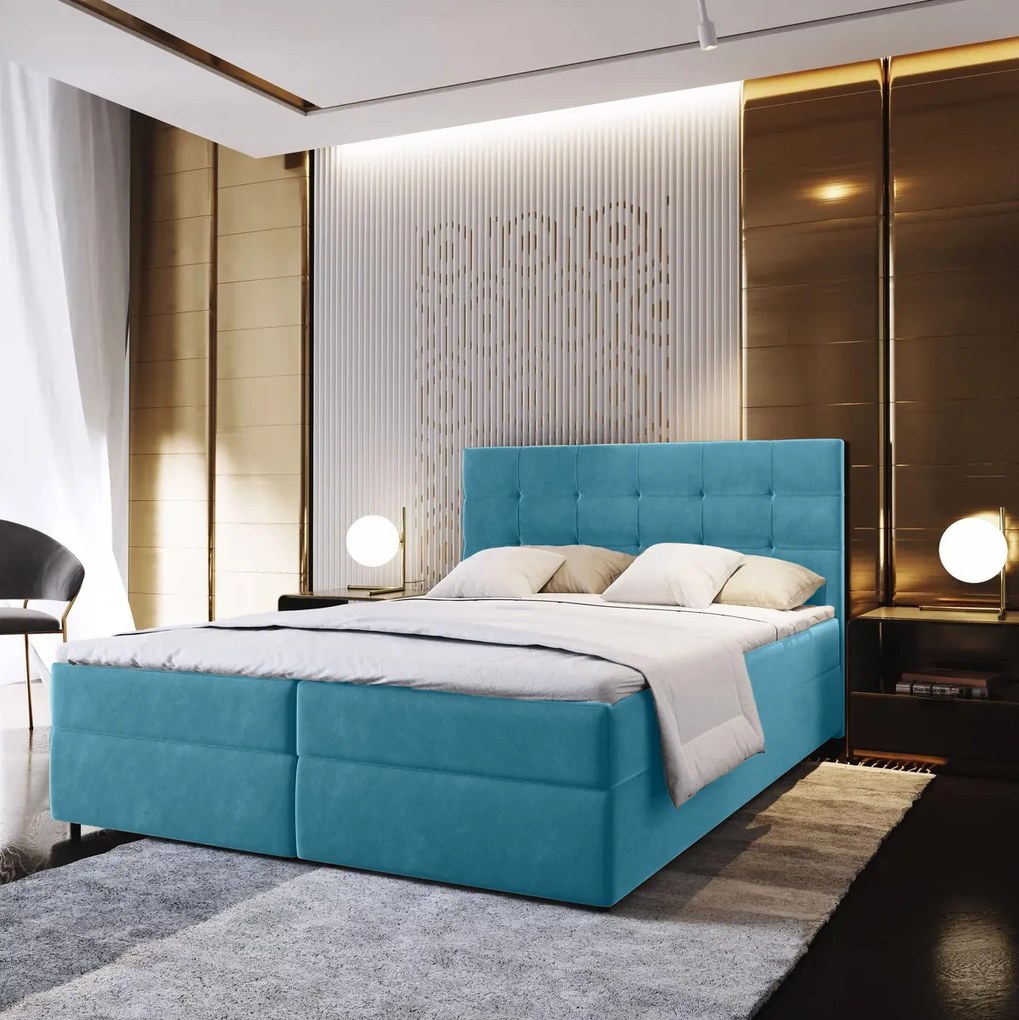 Čalouněná postel boxspring GLORIEN VELVET 140x200 cm modrá Matrace: Matrace Bonell pružinová