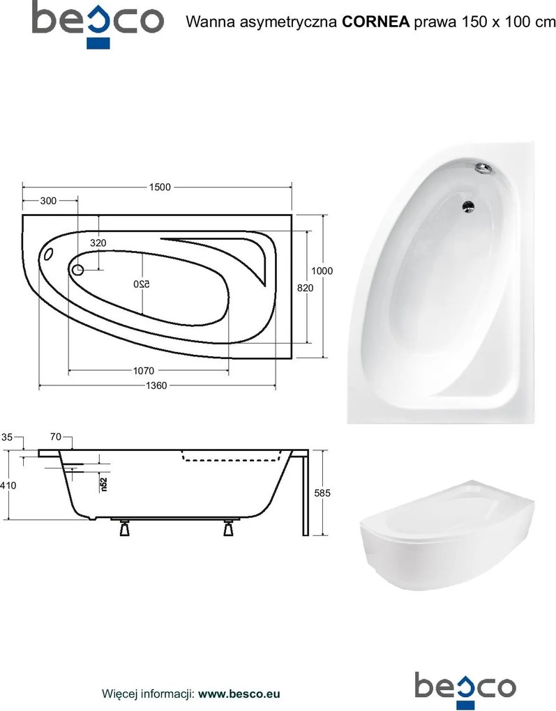 Besco CORNEA 150 cm VANCOR150P vana bez nožiček pravá