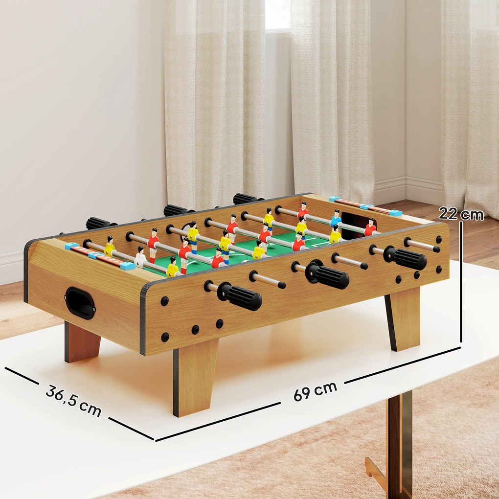 HOMCOM Stolní fotbálek pro děti od 6 let, dřevěná fotbalová hra se 2 míči, 6 úchyty, 2 ukazateli skóre a 18 hráči, 69x36,5x22 cm, přirozené