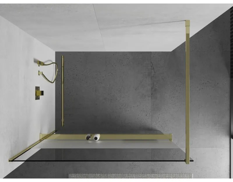 Mexen Kioto+, sprchová zástěna s poličkou a držákem na ručníky 100 x 200 cm, 8mm čiré sklo vzor námraza, zlatý profil, 800-100-121-50-35