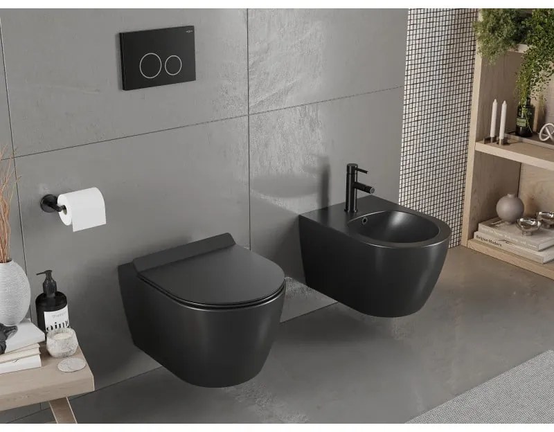 Mexen Carmen závěsné wc Rimless s toaletním Slim sedátkem z duroplastu, černá matná - 30880185