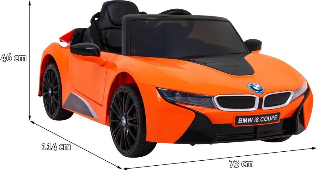 Ramiz Elektrické autíčko BMW i8 Lift oranžové + dálkové ovládání + pomalý rozjezd + 3bodové pásy + MP3 USB + LED