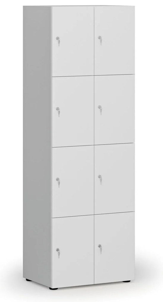 Dřevěná šatní skříňka S4 s úložnými boxy, 8 boxů, demont, cylindrický zámek, šedá/bílá