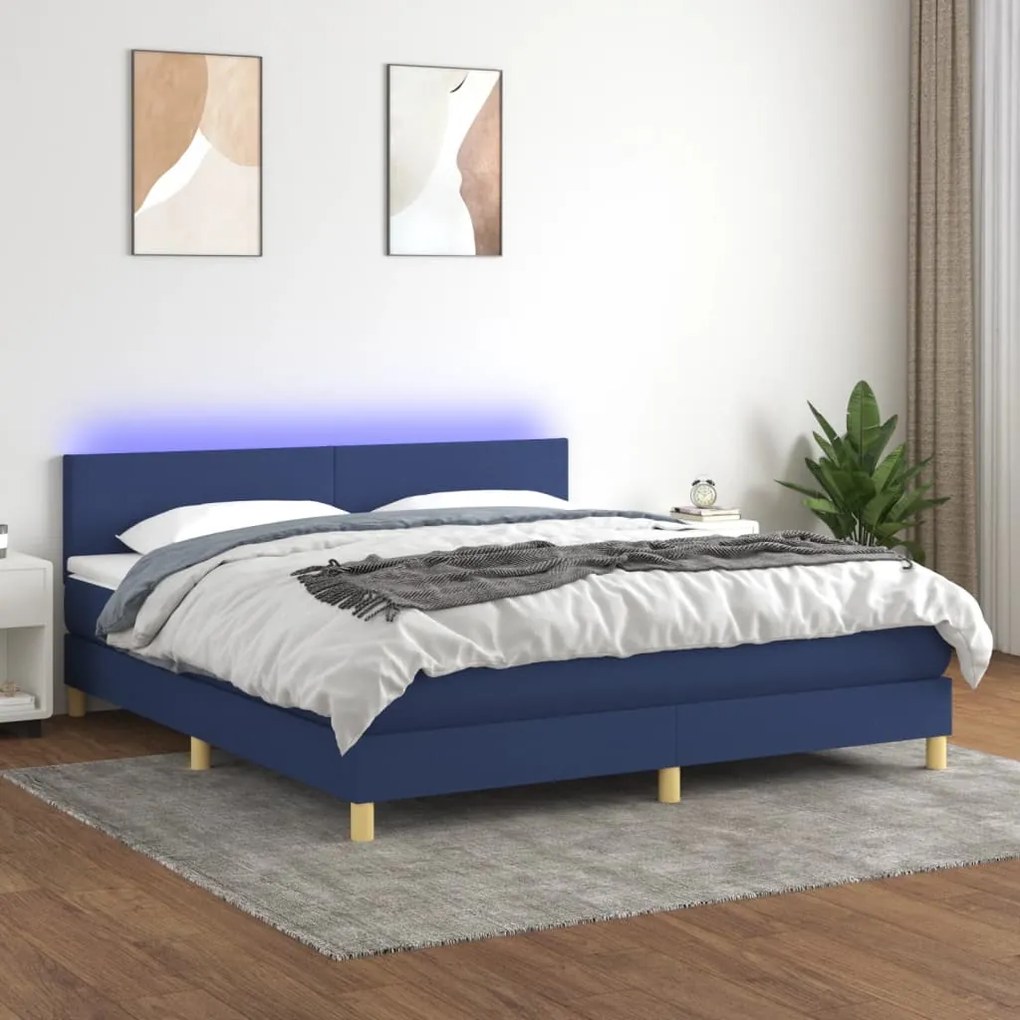 Box spring postel s matrací a LED modrá 180x200 cm textil