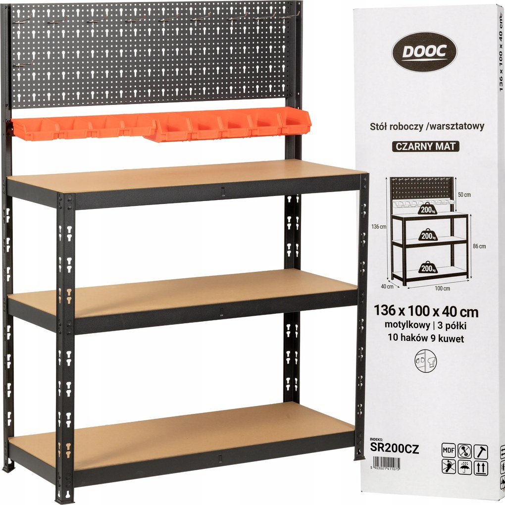 Pracovní pracovní stůl na nářadí, pracovní deska 200 kg, 9 kuvet, háky Dooc