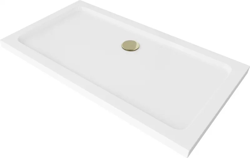 Mexen SLIM - Obdélníková sprchová vanička 140x70x5cm + zlatý sifon, bílá, 40107014G