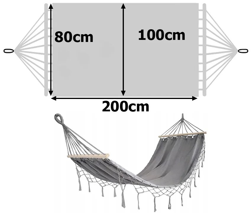 Verk Group Zahradní houpací síť turistická šedá střapec houpačka boho bag 200 x 100cm