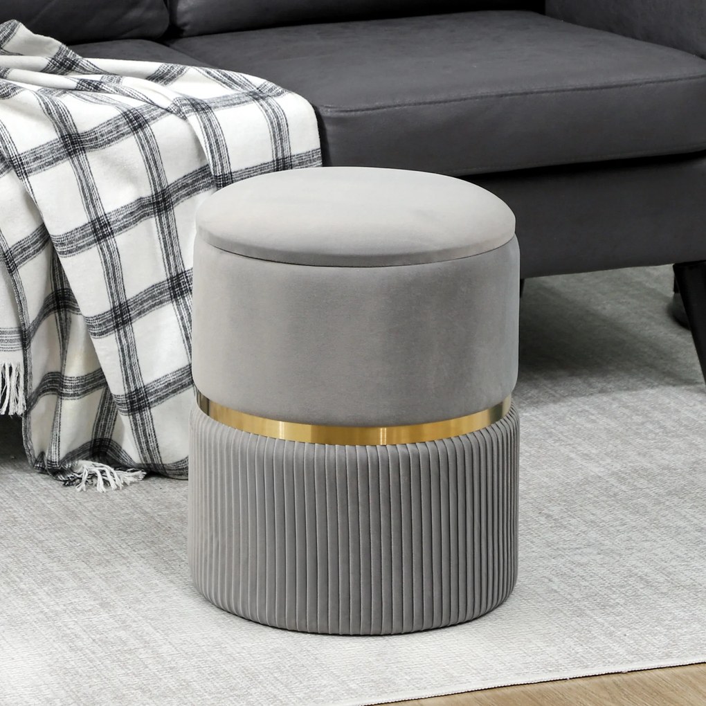 HOMCOM kulatý úložný taburet se sametovým potahem a odnímatelným víkem — 36.1 × 36.1 × 43.9 cm, světle šedý