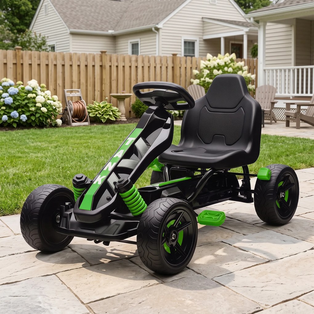 AIYAPLAY Gokart s pedály, šlapací auto pro děti s brzdou, protiskluzová kola, kovový rám, 3-6 let, zelená