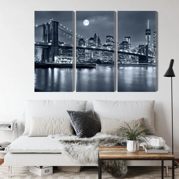 Vícedílný obraz Noční Panorama New Yorku S Měsícem Na Obloze Nedostatek Nedostatek Plátno Canvas 150x100
