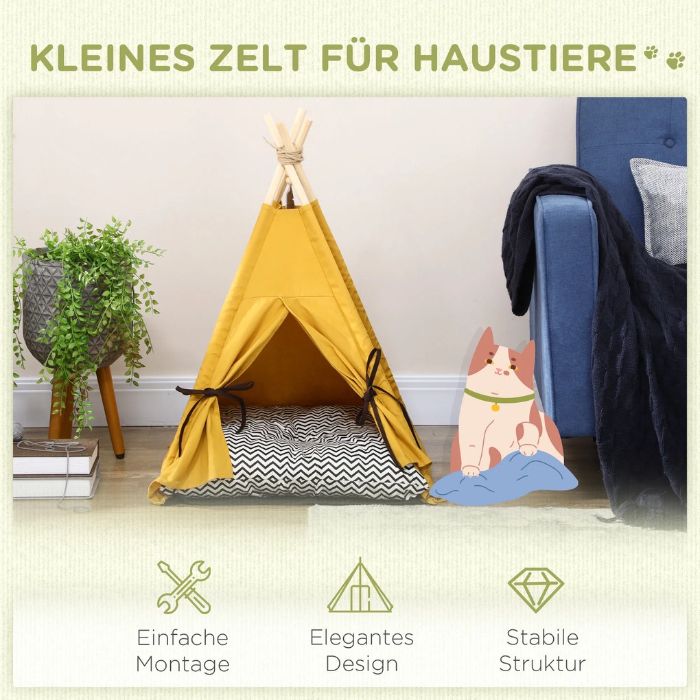 PawHut kočičí domeček teepee stan pro psy s polštářem, protiskluzový, s míčkem na hraní, z borovicového dřeva, vnitřní, žlutý| Aosom