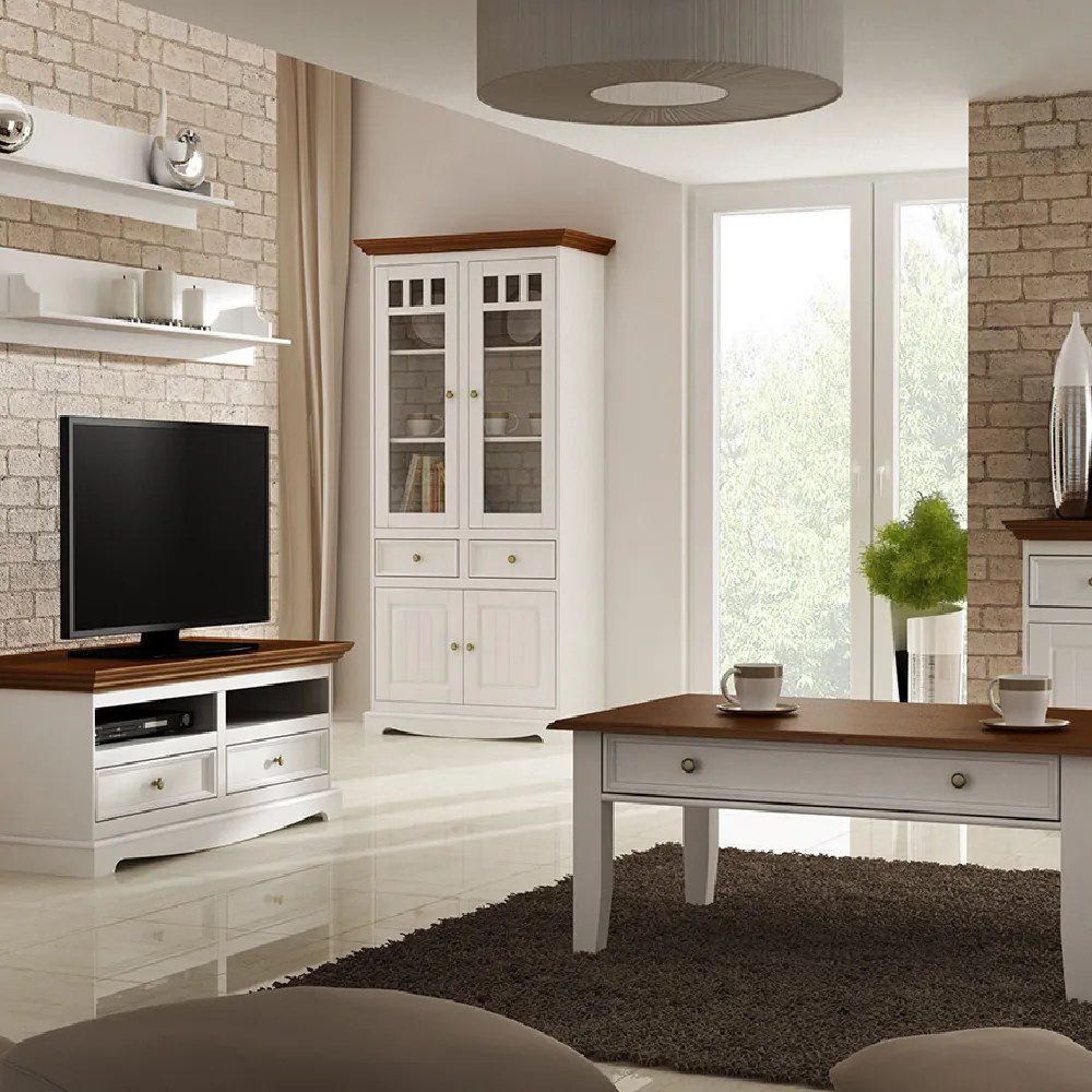 Massive home | Belluno Elegante velká bílá vitrína 2D z masivu s ořechovou deskou