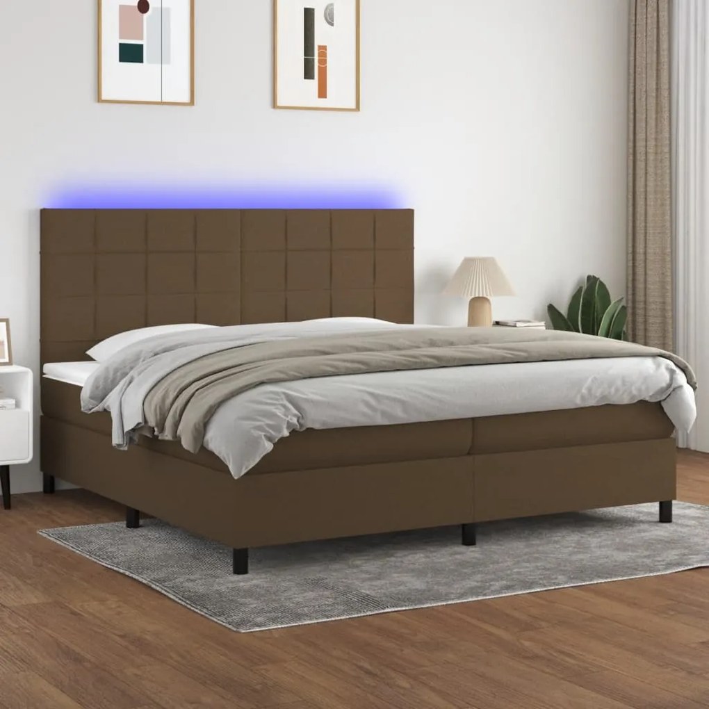 Box spring postel s matrací a LED tmavě hnědá 200x200 cm textil