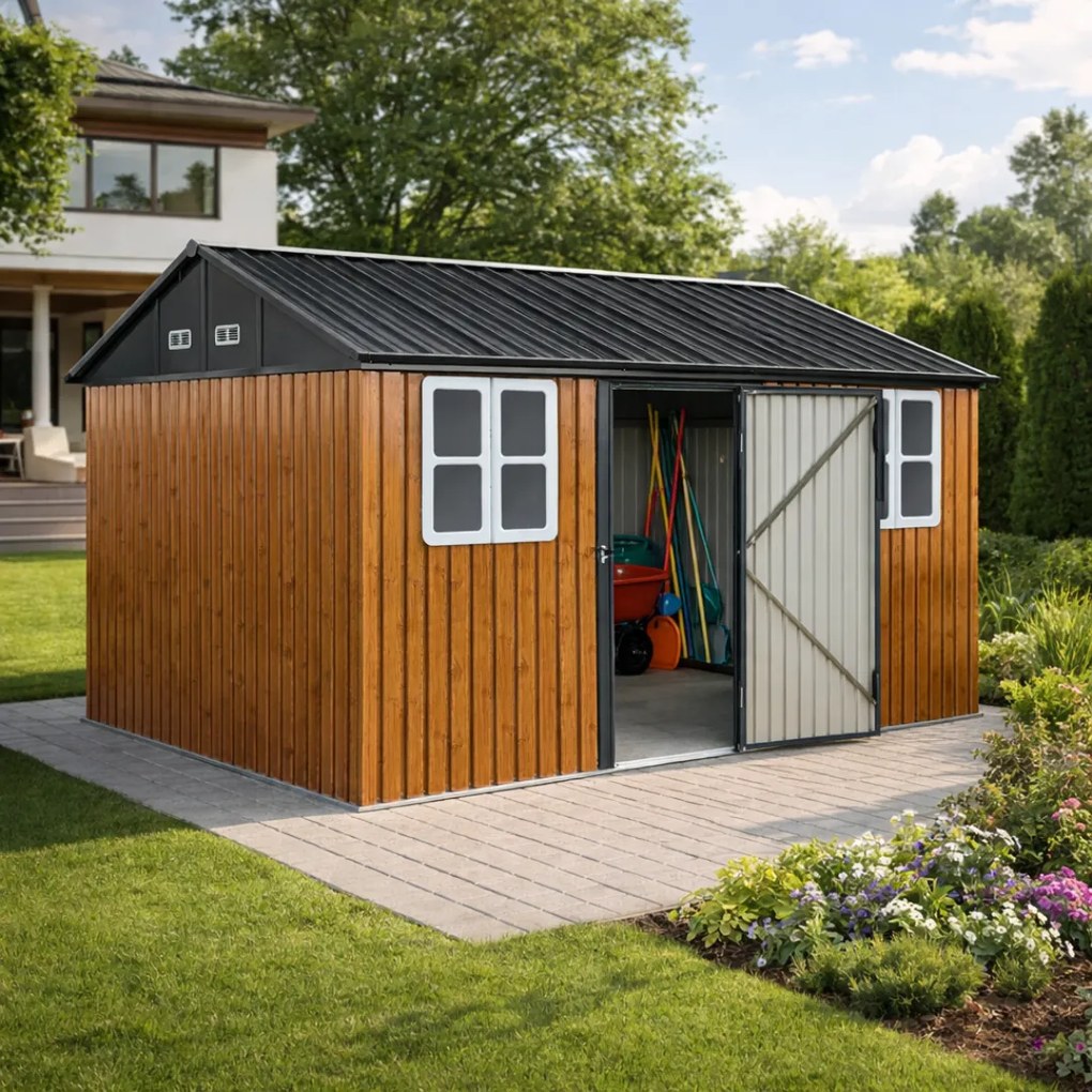 Plechový zahradní domek na nářadí, hnědá/antracitová, 3,6x3,1x2,5 m, GABKO
