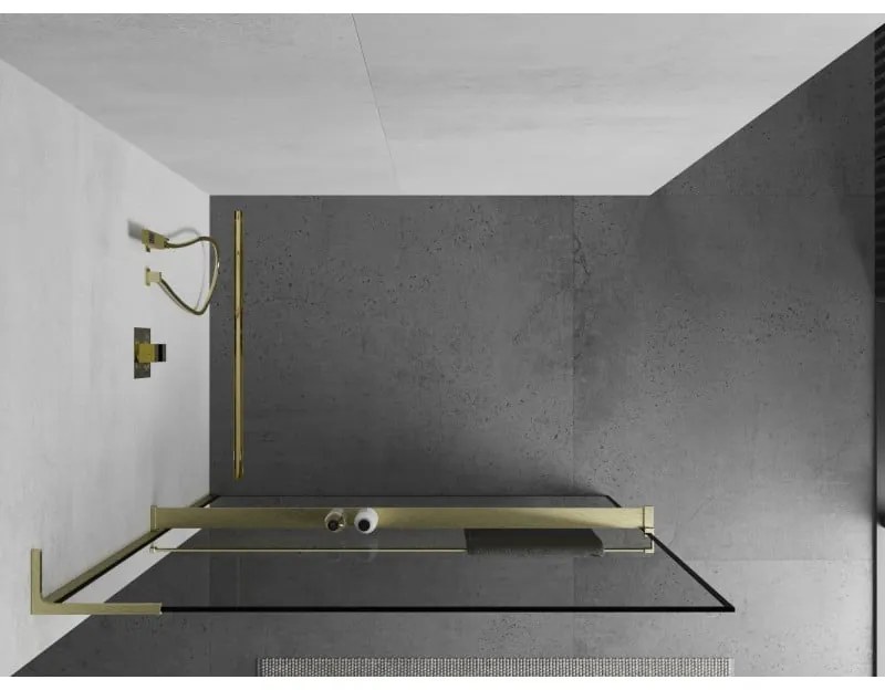 Mexen Kioto+ L, sprchová zástěna Walk-In s poličkou a věšákem 110 x 200 cm, 8mm čiré sklo černý vzor, zlatý matný profil, 800-110-123-55-70