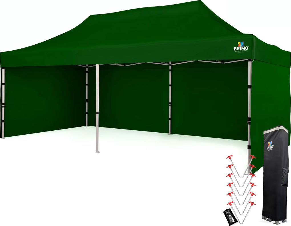 BRIMO Nůžkový párty stan 3x6 m hliníkový – Elegantní a rychle rozložitelný - s 3 stěnami - Zelená P. Alu
