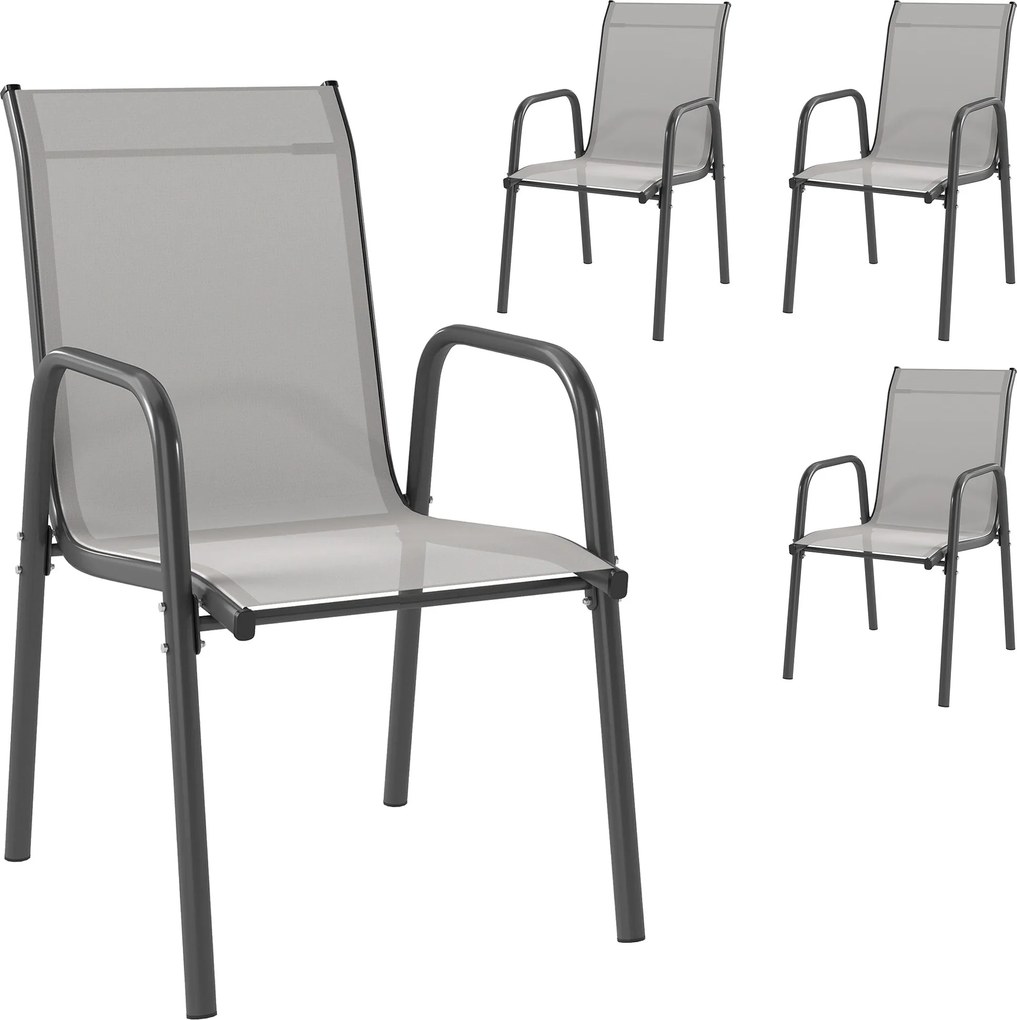Outsunny 4ks zahradních židlí — stohovatelné, prodyšné opěradlo, opěrky paží, odolné vůči počasí, nosnost 120 kg — 51 × 69 × 87 cm — světle šedá | Aos