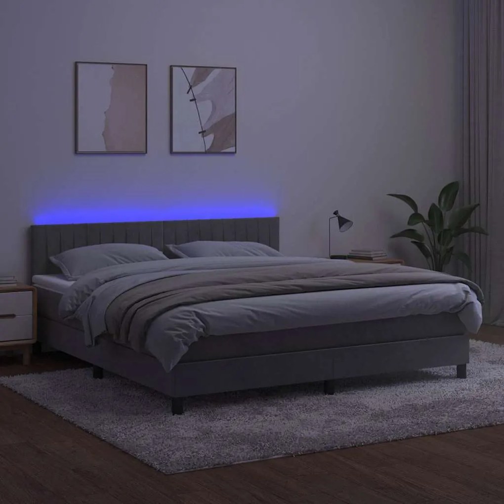 Box spring postel s matrací a LED světle šedá 180x200 cm samet 3134537