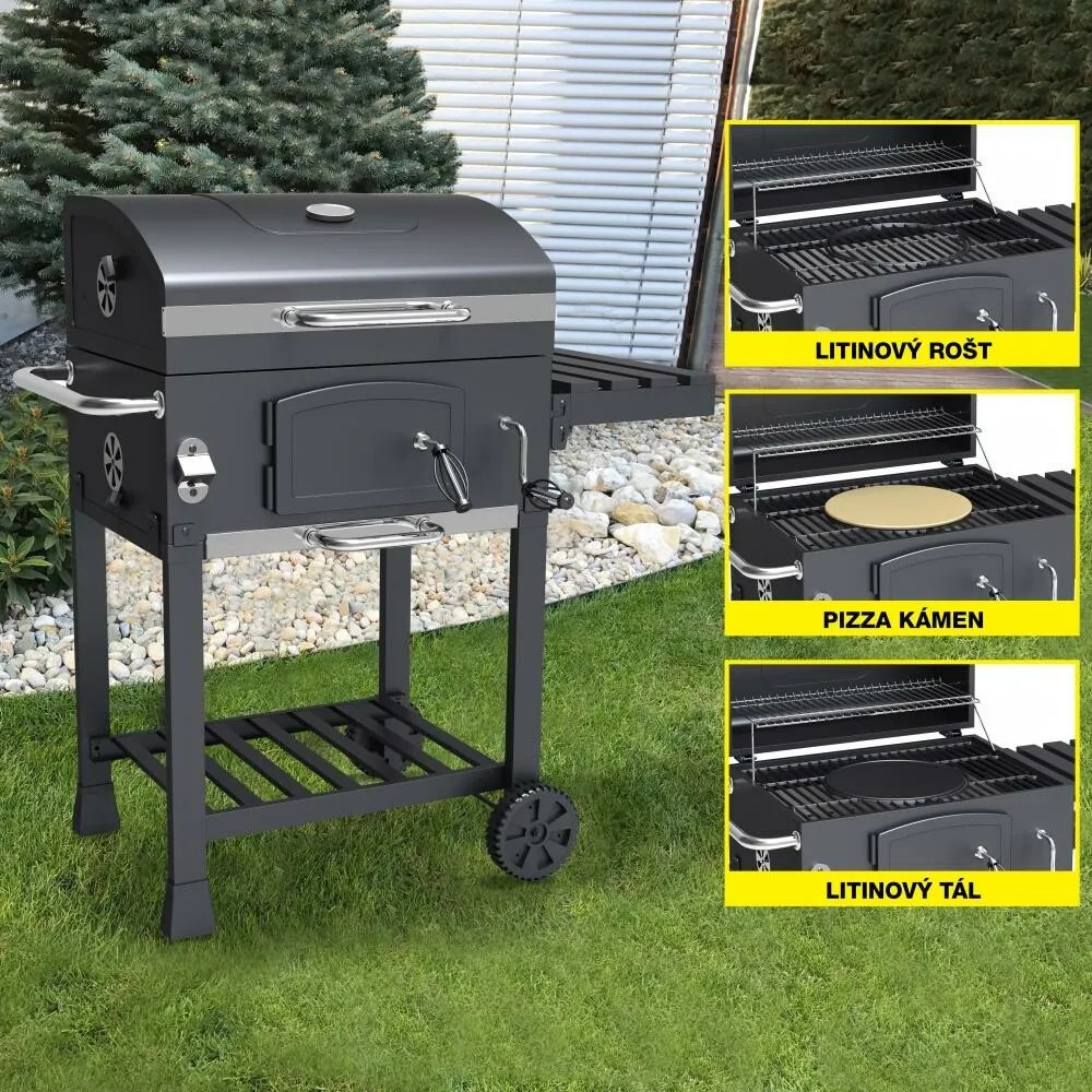 Avenberg Multifunkční BBQ gril Genius + litinový rošt + tál + pizza kámen, 70 x 103 x 105 cm