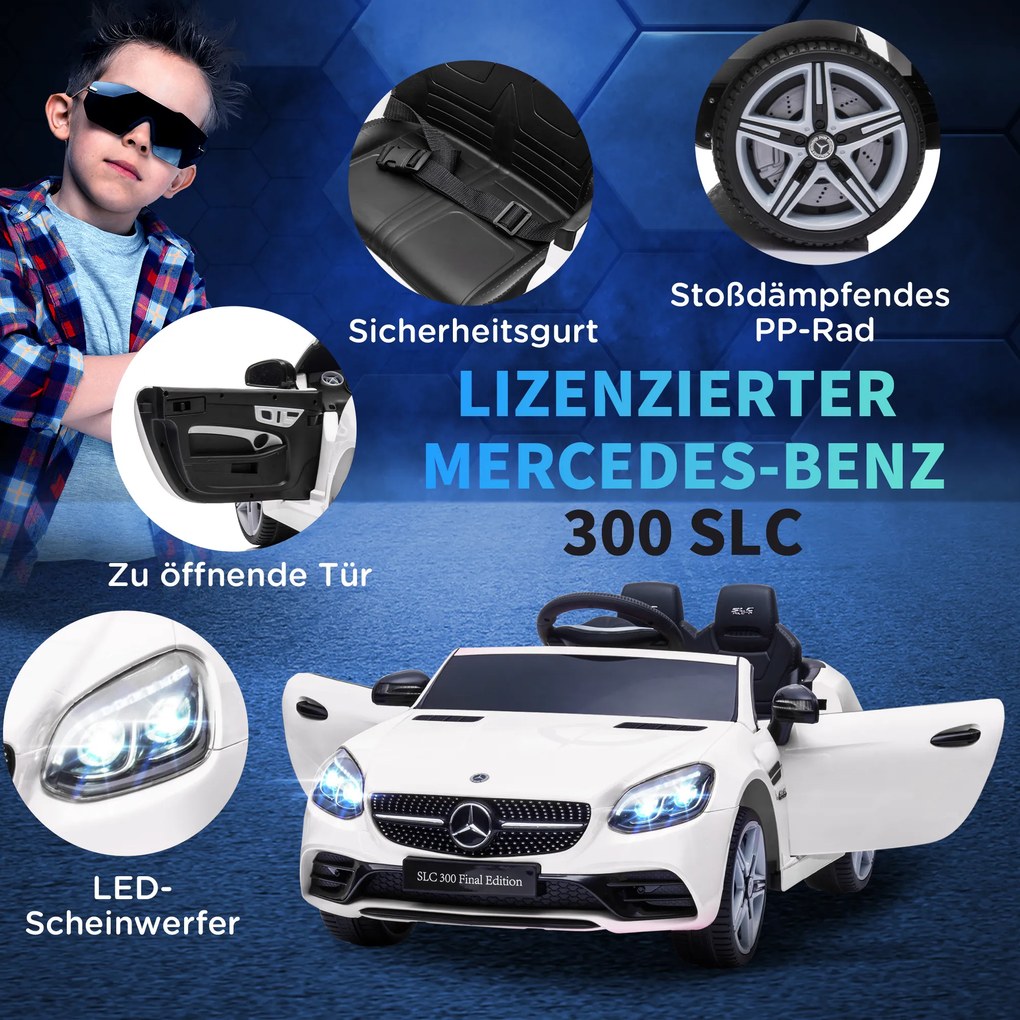 Dětské elektrické auto AIYAPLAY Mercedes SLC 300 s 12V baterií pro děti od 3 let s dálkovým ovládáním, LED světly, klaksonem a hudbou - Bílá