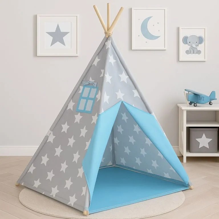 Dětský stan teepee šedý s hvězdami 110x110x162 cm vnitřní