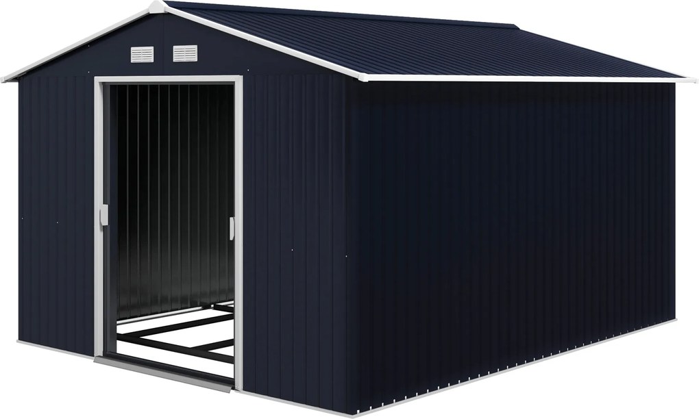 Zahradní domek Outsunny 8,3 m² 277x322x192 cm s posuvnými dveřmi a šikmou střechou, vyztužená základna (podlaha není součástí balení) a 4 okna šedá |