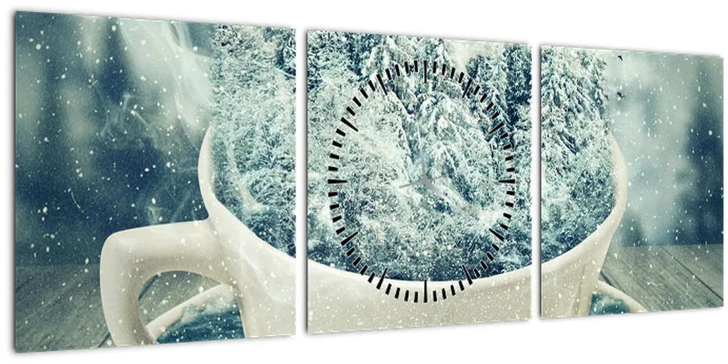 Obraz - Zimní svět v hrníčku (s hodinami) (90x30 cm)