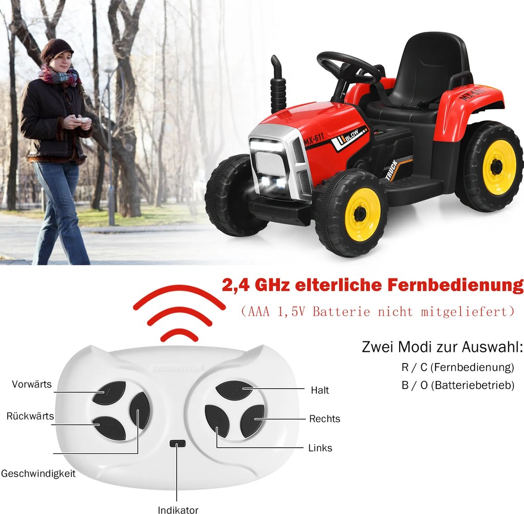 Costway 3-rychlostní dětský traktor 12 V pojízdný traktor s – červený