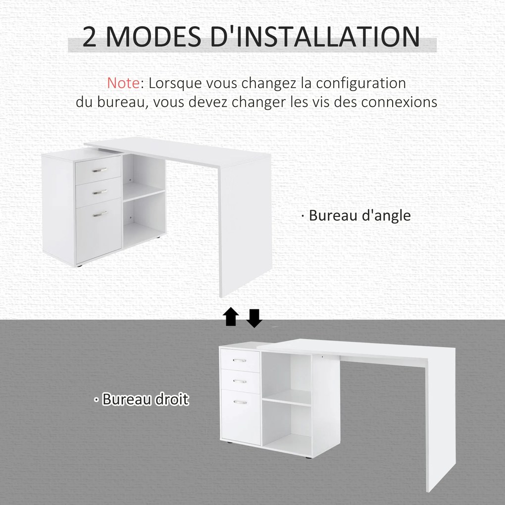 HOMCOM Bílý Moduární Rohový Rovný Stůl Jídelní Stůl 2 v 1 Počítačový Stůl 3 Šuplíky + 2 Polic MDF