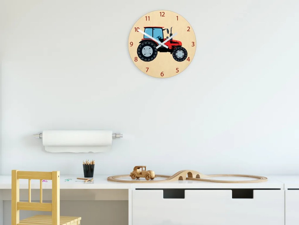 M.Clock Nástěnné dětské dřevěné hodiny traktor tiché 30cm bříza