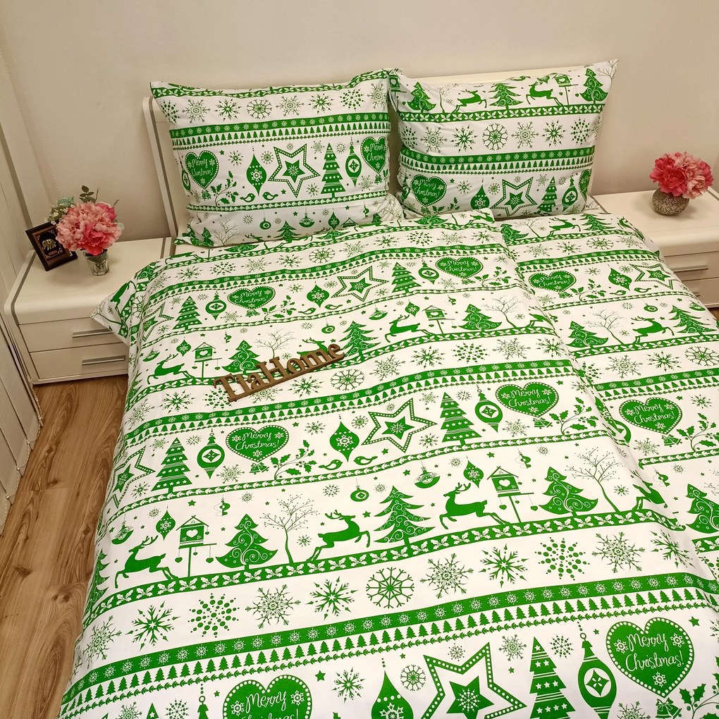 Povlečení bavlněné Vánoční povlečení Christmas zelené TiaHome - 1x Polštář 90x70cm, 1x Přikrývka 140x200cm