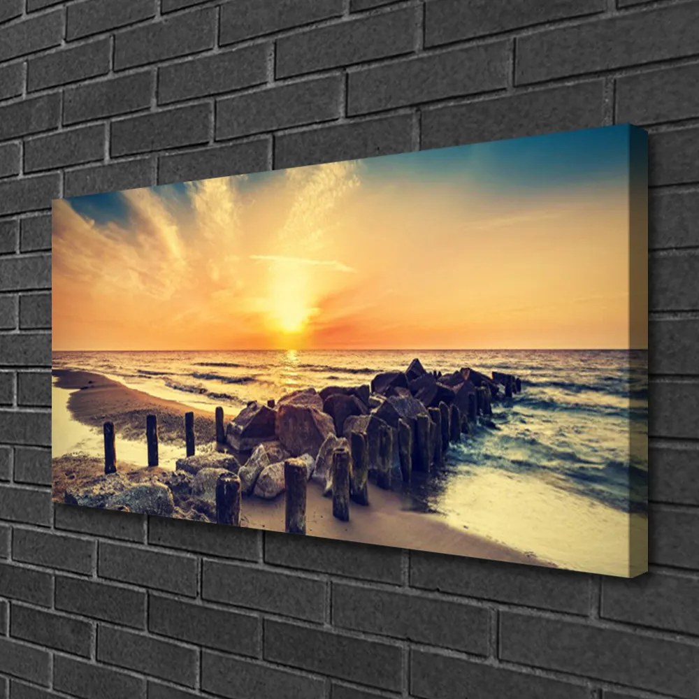 Obraz na plátně Pláž Vlnolam Moře Západ 140x70 cm