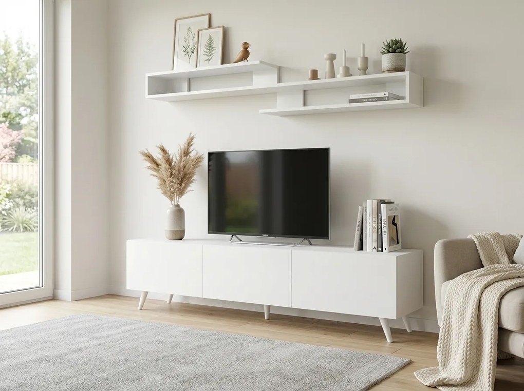 TV stolek MIYA 150 cm s nástěnnou policí, bílý