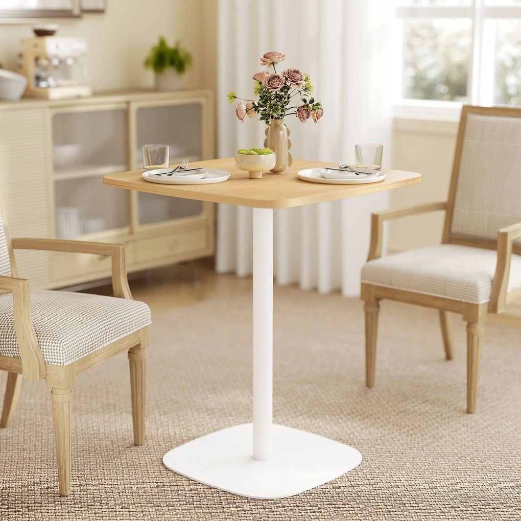 HOMCOM malý čtvercový jídelní stůl pro 2 osoby, čtvercová ocelová podstava, ideální do malých prostor — 60 x 75 cm, přírodní dřevo & bílá