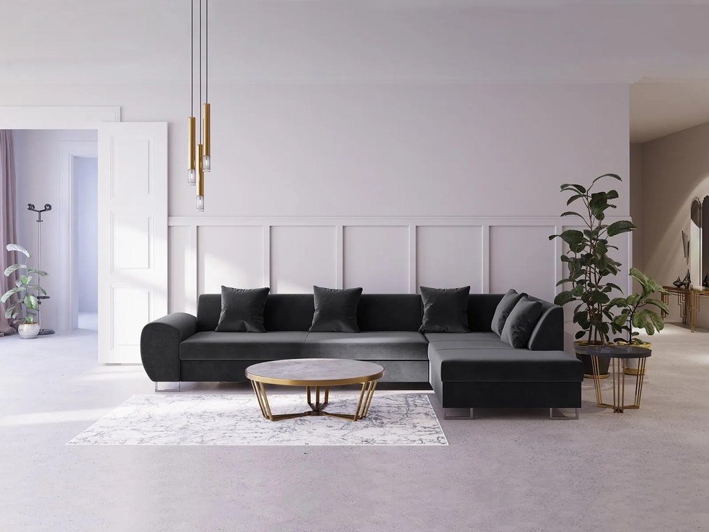 KOOKO HOME Rohová rozkládací sametová pohovka s úložným prostorem Adagio XL pravý roh