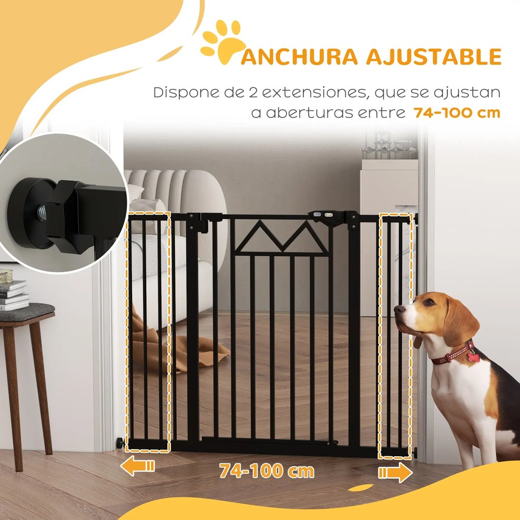PawHut Nastavitelná bezpečnostní bariéra 74-100 cm s automatickým zámkem a dvojitým zámkovým systémem a 2 prodlouženími 7/14 cm pro dveře, chodby a s…