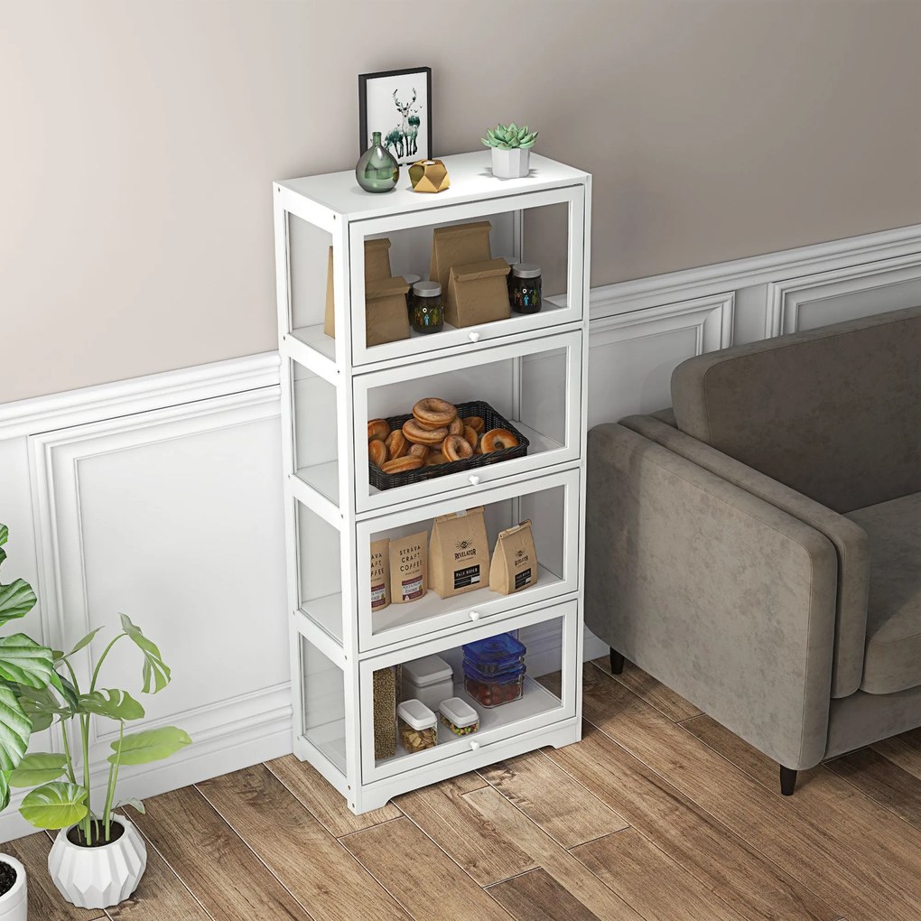 HOMCOM 4-patrový vitrínový kabinet s skládacími akrylovými dveřmi, protiskluzovým vitrinou pro studovnu, ložnici a kancelář 59x30x139 cm Bílá