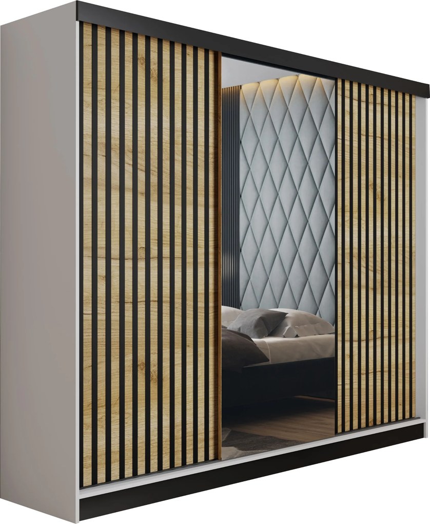 Posuvná skříň MALANI 200 - bílý + dub Craft zlatý 200x205x59 cm