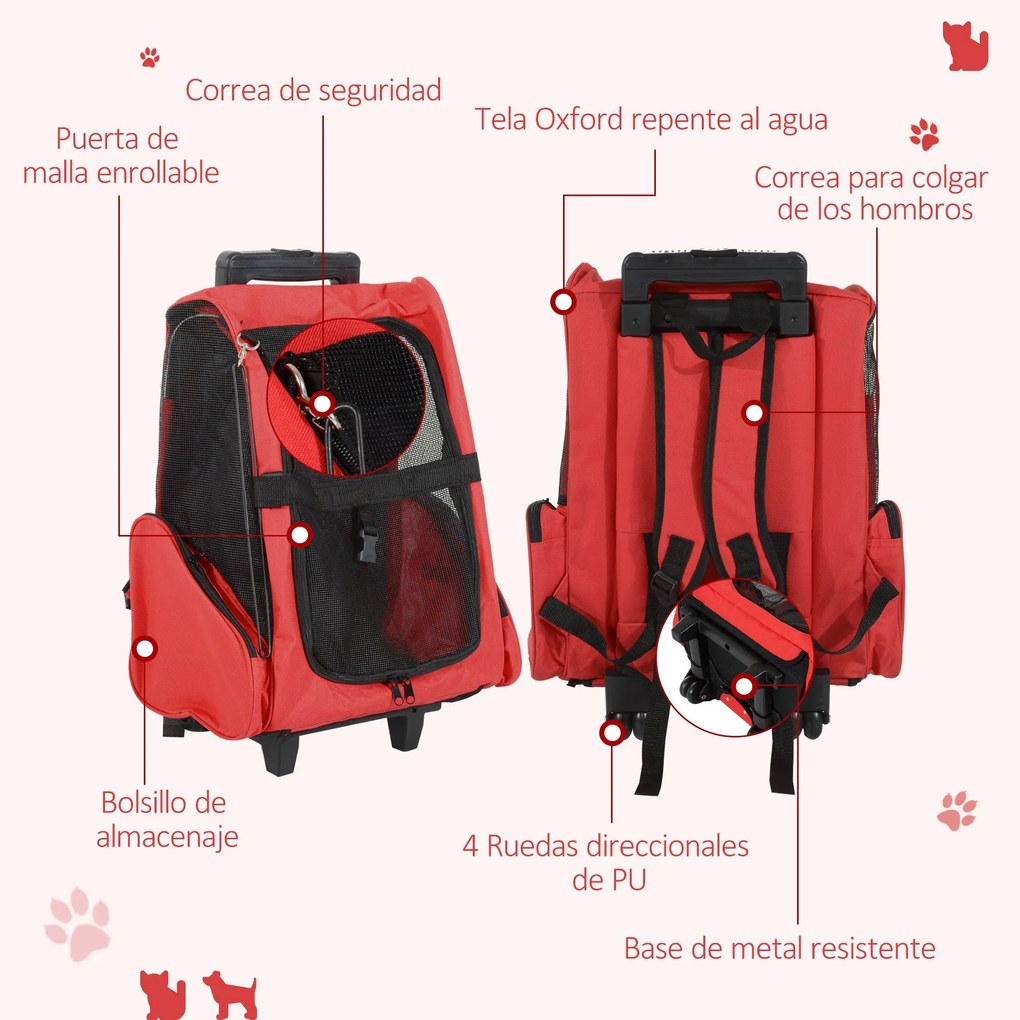 PawHut Pet Carrier Kart 2 v 1 Batoh 42x25x55 cm pro domácí mazlíčky Psy Kočky Červená