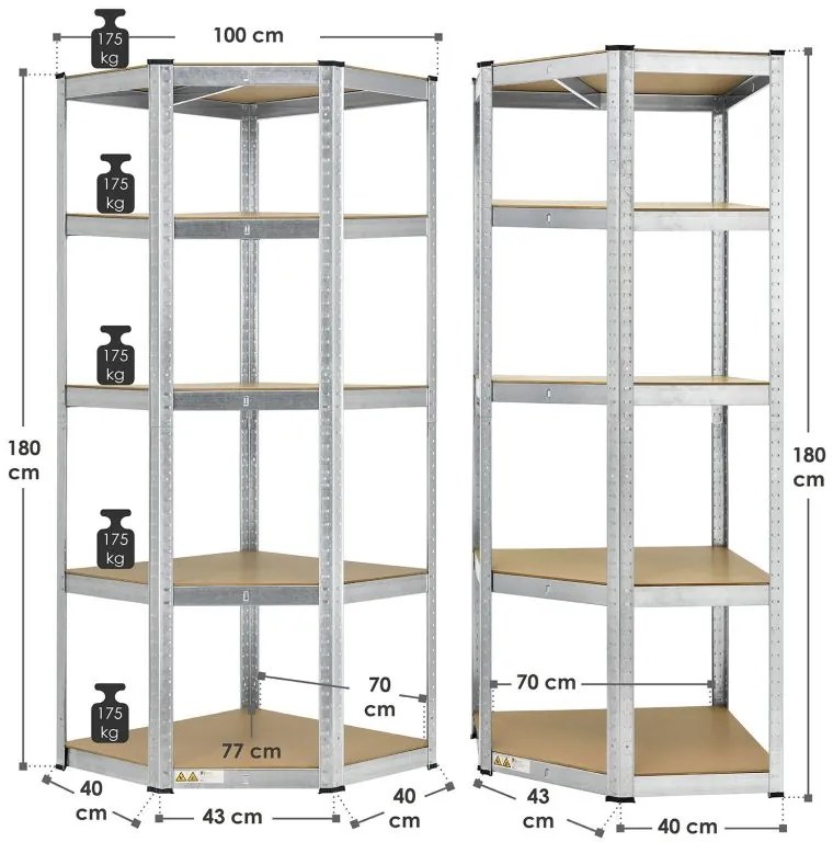 Kovový rohový regál 180x70x40-70 cm, 5 polic, nosnost 875 kg