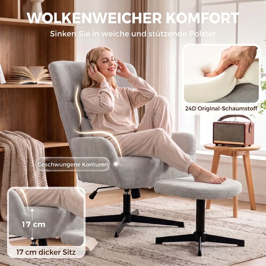 HOMCOM 360° otočné lounge křeslo s podnožkou, výškově nastavitelné, potah z chenille, s bederním polštářem, krémově bílé 83F-010V00GY
