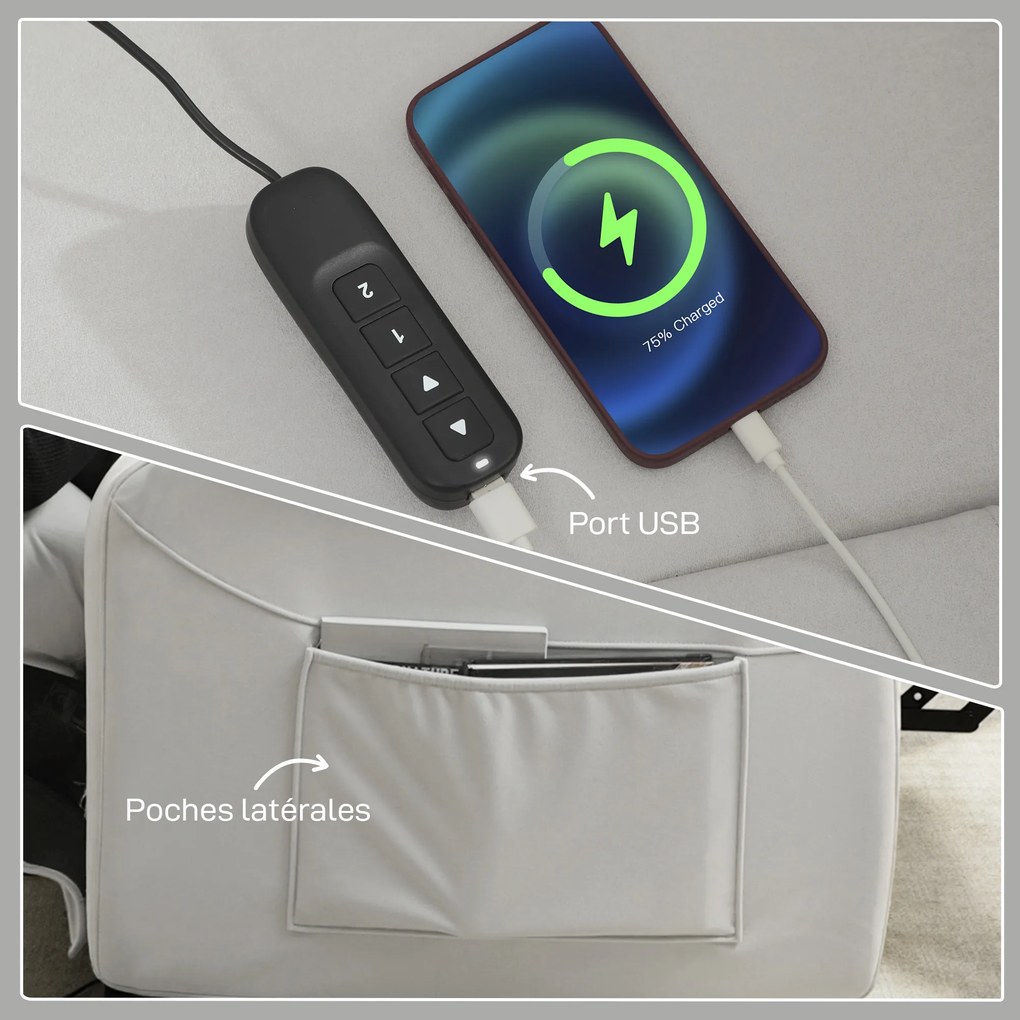 HOMCOM elektrické relaxační křeslo nastavitelná, USB připojení, opěrka nohou, boční kapsy, dálkové ovládání, 96x90x103 cm, krémová