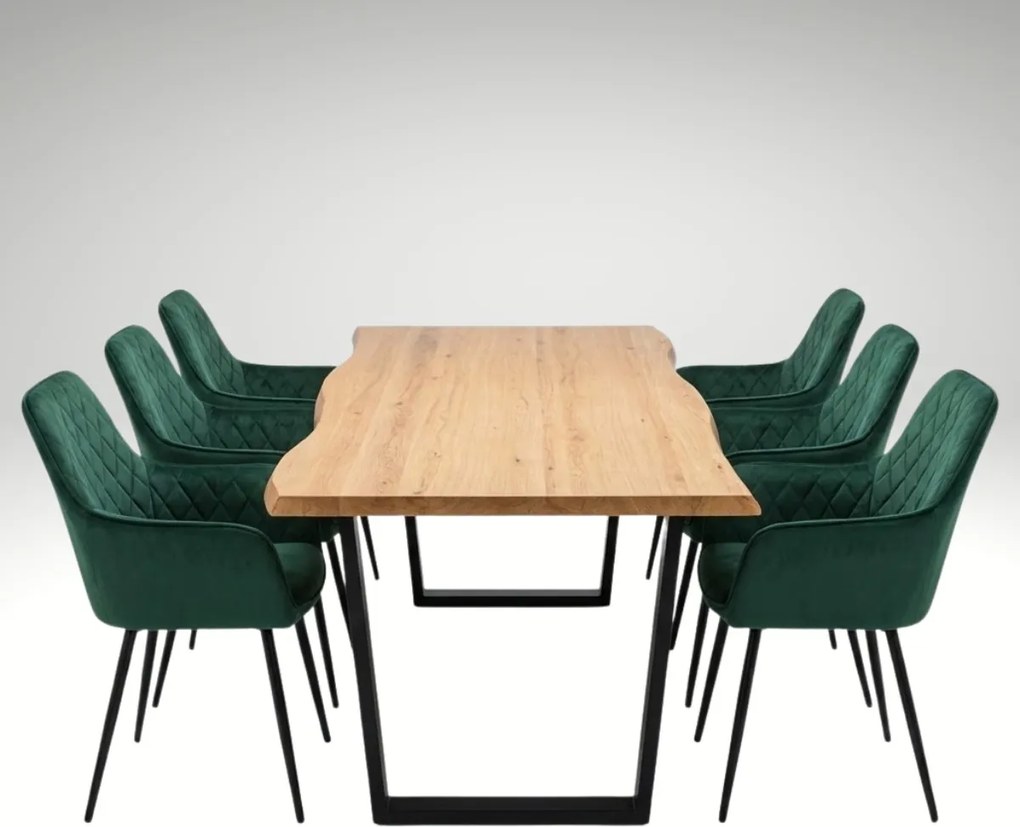 Vikio Jídelní set pro 6 osob 180x90 cm dub noha U zelená židle s područkami VJS168-6Z