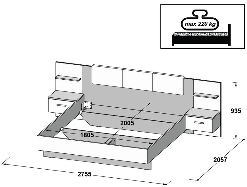 Postel s nočními stolky Ginger 180x200 cm, bílá/beton
