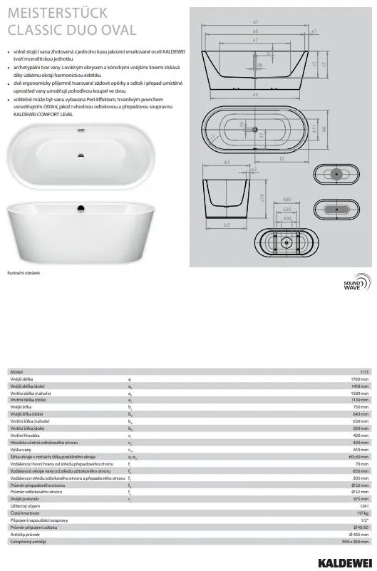 Kaldewei Meisterstück Classic Duo Oval - Volně stojící vana 170x75 cm, zvuková izolace, alpská bílá 202942680001