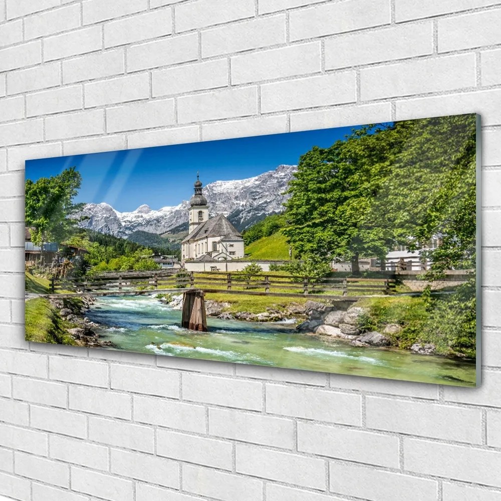 akrylový obraz Kostel Most Jezero Příroda 125x50 cm